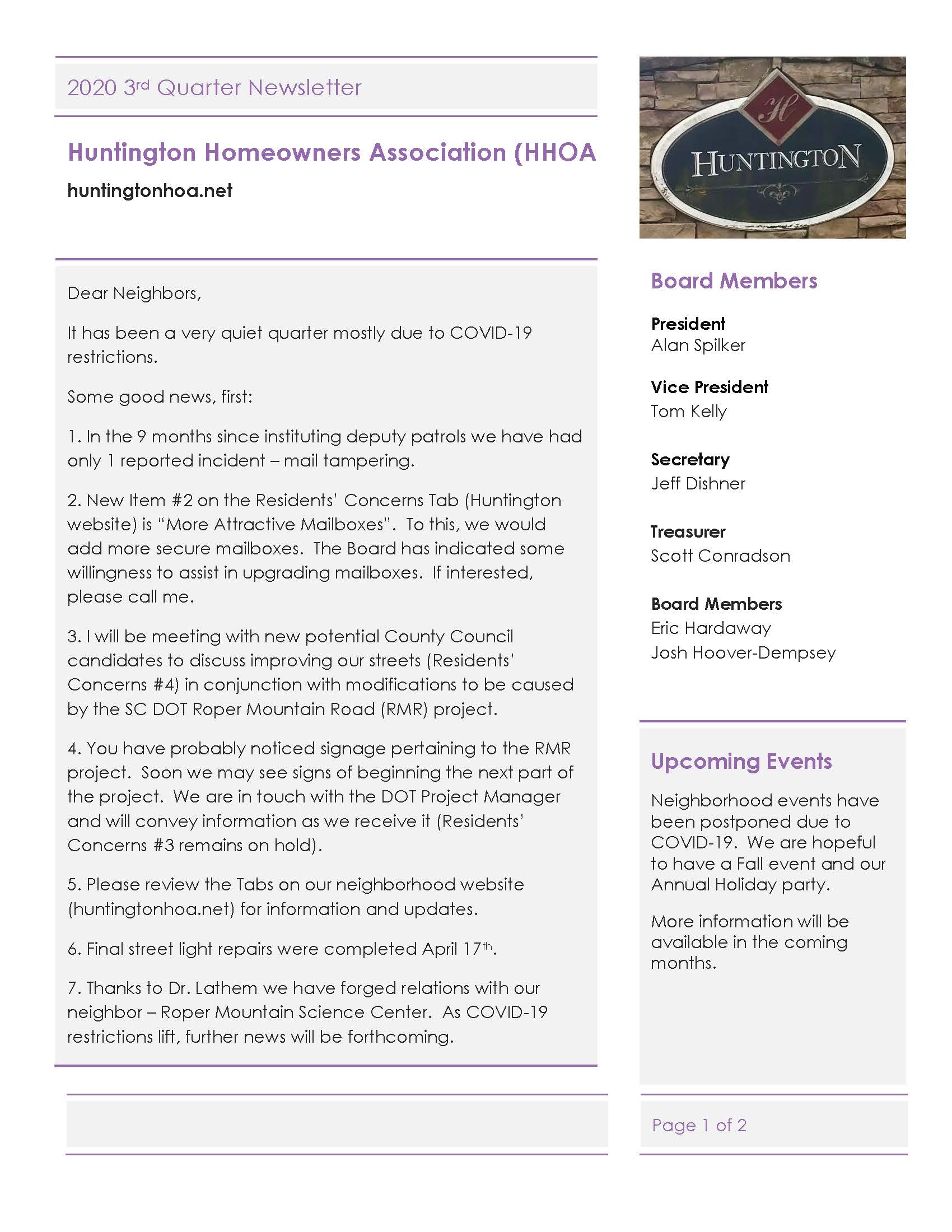 Newsletter – Huntington HOA